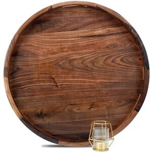 magigo 22 inches extra large round black walnut wood ottoman tray with handles, serve tea, coffee or breakfast in bed, classic circular wooden decorative serving tray