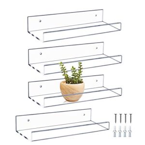 15'' clear shelf,acrylic floating wall ledge shelves,wall mounted nursery kids bookshelf,5mm thick invisible spice racks,u shelves,display shelves for office,living room,bathroom,kitchen,set of 4