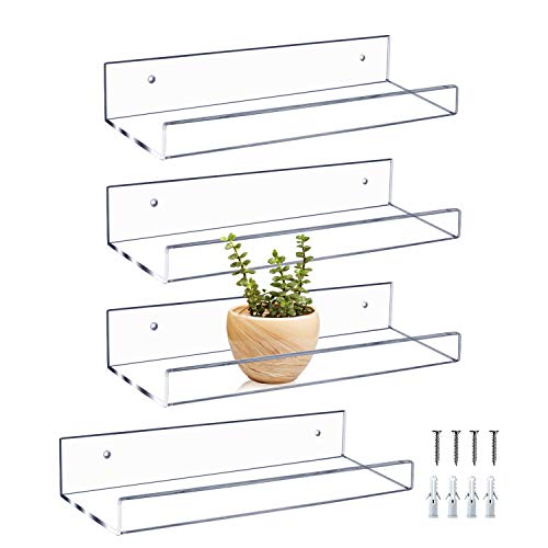 15'' Clear Shelf,Acrylic Floating Wall Ledge Shelves,Wall Mounted Nursery Kids Bookshelf,5MM Thick Invisible Spice Racks,U Shelves,Display Shelves for Office,Living Room,Bathroom,Kitchen,Set of 4