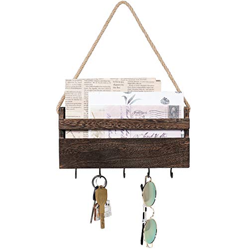 Dahey Small Key Holder for Wall Farmhouse Mail Organizer with 5 Hooks Hanging Wooden Key Rack Hanger for Organizing Keys Mail Bill Letter and Other Small Objects Entryway Hallway Kitchen Decor,Brown