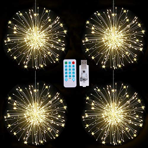 Christmas Tree Decorations Firework Lights, 4 in 1 Starburst String Lights USB Rechargeable Fairy Lights with Remote, 4 Music 8 Lighting Modes Waterproof Decorative Lights for Christmas, Patio, Party