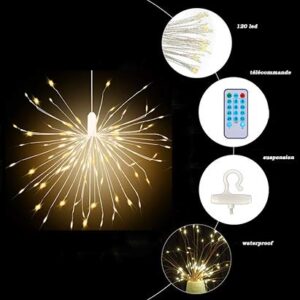 Christmas Tree Decorations Firework Lights, 4 in 1 Starburst String Lights USB Rechargeable Fairy Lights with Remote, 4 Music 8 Lighting Modes Waterproof Decorative Lights for Christmas, Patio, Party