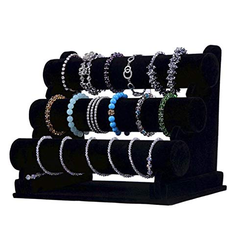 COMELYJEWEL 6.7"(D) X12.2(W) X9.8(H) Three tier bracelet display Black Velvet T-Bar Bracelet holder Bangle Jewelry display Hovering For Women Home Organization Necklace Watches Stand