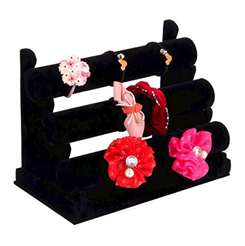 COMELYJEWEL 6.7"(D) X12.2(W) X9.8(H) Three tier bracelet display Black Velvet T-Bar Bracelet holder Bangle Jewelry display Hovering For Women Home Organization Necklace Watches Stand