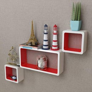 FAMIROSA 3PCS Floating Wall Display Shelves Book DVD Storage Cubes MDF Wall Mounted Collectables Bookshelf for Living Room Office Decor Furniture White-Red