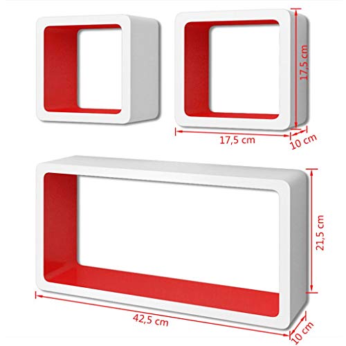 FAMIROSA 3PCS Floating Wall Display Shelves Book DVD Storage Cubes MDF Wall Mounted Collectables Bookshelf for Living Room Office Decor Furniture White-Red