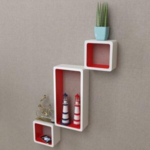 FAMIROSA 3PCS Floating Wall Display Shelves Book DVD Storage Cubes MDF Wall Mounted Collectables Bookshelf for Living Room Office Decor Furniture White-Red