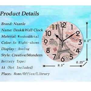 Naanle Franch Eiffel Tower Round Wall Clock, 9.5 Inch Battery Operated Quartz Analog Quiet Desk Clock for Home,Office,School,Cafe