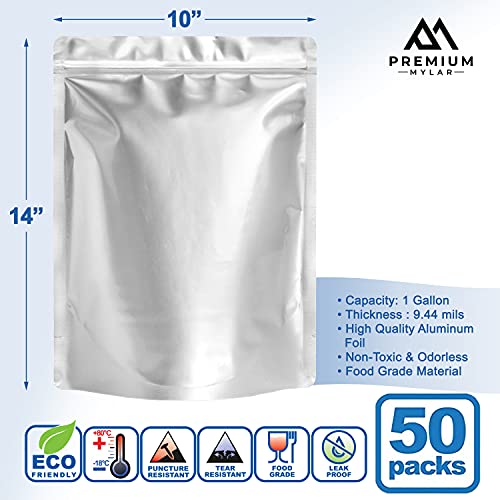 ProPremium 50 Mylar Bags 1 Gallon - Extra Thick 7.4 Mil - 10"x14" Airtight Vacuum Sealing Sealable Mylar Bags for Long Term Food Storage - Odor Free Heat Resistant - Light and Moisture Proof Fresh Saver Packs