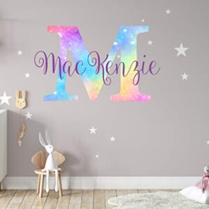 Girls Nursery Shimmer Rainbow Printed Initial and Stars Custom Personalized Name and Initial Vinyl Wall Decal, Decor for Babies Wall Sticker (Large)