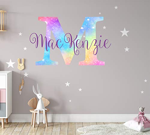 Girls Nursery Shimmer Rainbow Printed Initial and Stars Custom Personalized Name and Initial Vinyl Wall Decal, Decor for Babies Wall Sticker (Large)