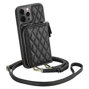 lameeku wallet case compatible with iphone 12 pro max, card holder case with crossbody strap leather handbag case for women protective case compatible with iphone 12 pro max 6.7''-black