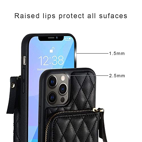 LAMEEKU Wallet Case Compatible with iPhone 12 Pro Max, Card Holder Case with Crossbody Strap Leather Handbag Case for Women Protective Case Compatible with iPhone 12 Pro Max 6.7''-Black