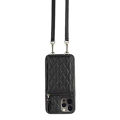 LAMEEKU Wallet Case Compatible with iPhone 12 Pro Max, Card Holder Case with Crossbody Strap Leather Handbag Case for Women Protective Case Compatible with iPhone 12 Pro Max 6.7''-Black