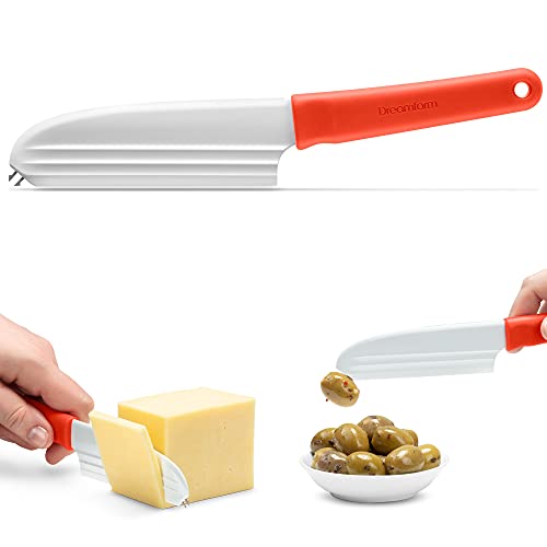 Dreamfarm Knibble Lite | Non-Stick Cheese Knife with Stainless Steel Forks | Multi-Functional Kitchen Knife with Unique Ridged Blade | Perfect for Slicing, Spreading, and Serving | Red