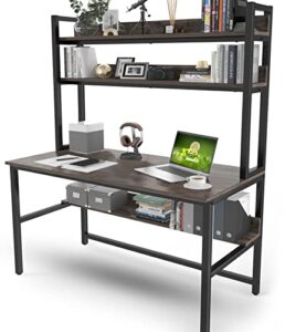 aquzee desk with hutch, (grey) 65 inches height computer desk with space saving design, metal legs desk with bookshelf and storage shelves, easy assemble