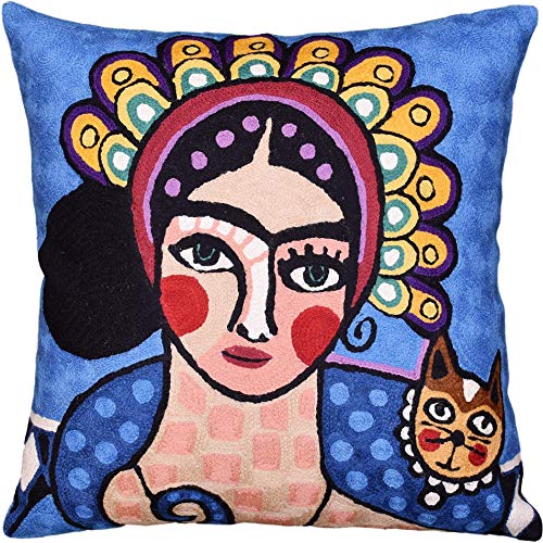 Kashmir Designs Bella Senorita Throw Pillow Cover | Mexican Art Pillow Hand Embroidered | Parrot Pillows | Blue Cat Pillow | Mexican Art Suzani Accent Pillow | Blue Couch Cushions | Wool Size - 18x18