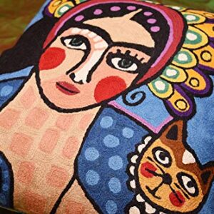 Kashmir Designs Bella Senorita Throw Pillow Cover | Mexican Art Pillow Hand Embroidered | Parrot Pillows | Blue Cat Pillow | Mexican Art Suzani Accent Pillow | Blue Couch Cushions | Wool Size - 18x18