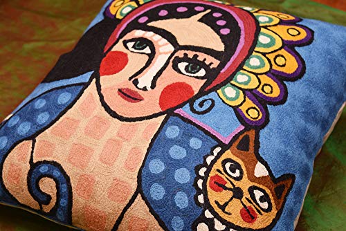 Kashmir Designs Bella Senorita Throw Pillow Cover | Mexican Art Pillow Hand Embroidered | Parrot Pillows | Blue Cat Pillow | Mexican Art Suzani Accent Pillow | Blue Couch Cushions | Wool Size - 18x18