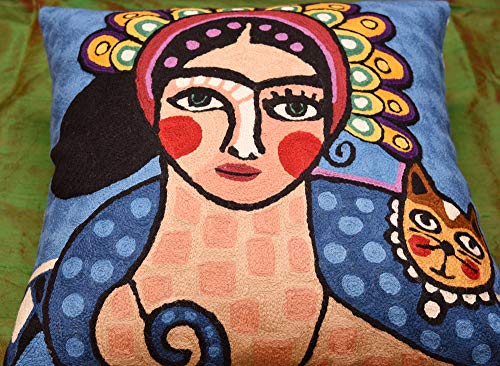 Kashmir Designs Bella Senorita Throw Pillow Cover | Mexican Art Pillow Hand Embroidered | Parrot Pillows | Blue Cat Pillow | Mexican Art Suzani Accent Pillow | Blue Couch Cushions | Wool Size - 18x18