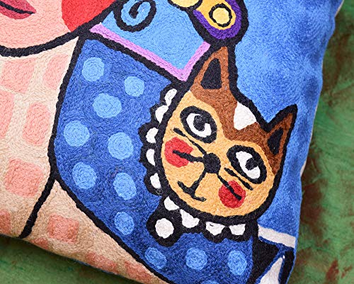 Kashmir Designs Bella Senorita Throw Pillow Cover | Mexican Art Pillow Hand Embroidered | Parrot Pillows | Blue Cat Pillow | Mexican Art Suzani Accent Pillow | Blue Couch Cushions | Wool Size - 18x18