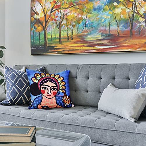 Kashmir Designs Bella Senorita Throw Pillow Cover | Mexican Art Pillow Hand Embroidered | Parrot Pillows | Blue Cat Pillow | Mexican Art Suzani Accent Pillow | Blue Couch Cushions | Wool Size - 18x18