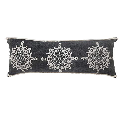 LR Home Casual Floral Mandala Medallion Lumbar Tufted Border Throw Pillow, 14" x 36", Dark Gray/White