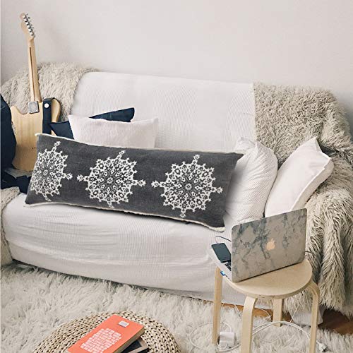 LR Home Casual Floral Mandala Medallion Lumbar Tufted Border Throw Pillow, 14" x 36", Dark Gray/White