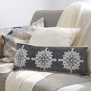 LR Home Casual Floral Mandala Medallion Lumbar Tufted Border Throw Pillow, 14" x 36", Dark Gray/White