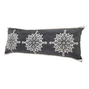 LR Home Casual Floral Mandala Medallion Lumbar Tufted Border Throw Pillow, 14" x 36", Dark Gray/White