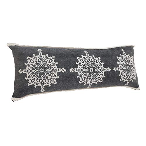 LR Home Casual Floral Mandala Medallion Lumbar Tufted Border Throw Pillow, 14" x 36", Dark Gray/White