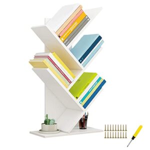 qumeney tree bookshelf, 5 shelf display bookcase,tree bookcase for books/cds/albums/files holder, free standing book shelves organizer for office，bedroom, living room (white)