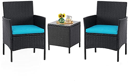 Cemeon 3-Piece Patio Bistro Set Outdoor Conversation Set, Black Wicker Porch Chairs Set Garden Furniture with Coffee Table (Blue Cushion)