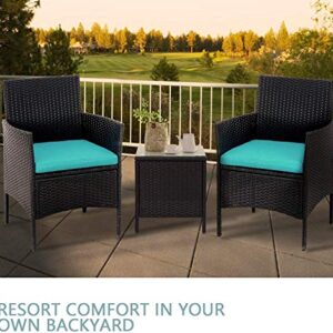 Cemeon 3-Piece Patio Bistro Set Outdoor Conversation Set, Black Wicker Porch Chairs Set Garden Furniture with Coffee Table (Blue Cushion)