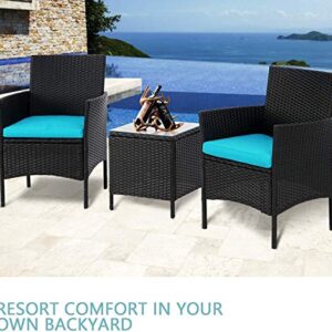 Cemeon 3-Piece Patio Bistro Set Outdoor Conversation Set, Black Wicker Porch Chairs Set Garden Furniture with Coffee Table (Blue Cushion)