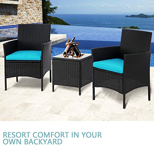 Cemeon 3-Piece Patio Bistro Set Outdoor Conversation Set, Black Wicker Porch Chairs Set Garden Furniture with Coffee Table (Blue Cushion)