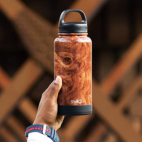 Swig Life 30oz Triple Insulated Stainless Steel Wide Mouth Water Bottle with Handle, Dishwasher Safe, Double Wall, Vacuum Sealed, Reusable Thermos in Black Walnut Print