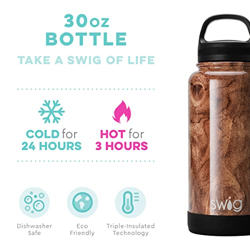 Swig Life 30oz Triple Insulated Stainless Steel Wide Mouth Water Bottle with Handle, Dishwasher Safe, Double Wall, Vacuum Sealed, Reusable Thermos in Black Walnut Print