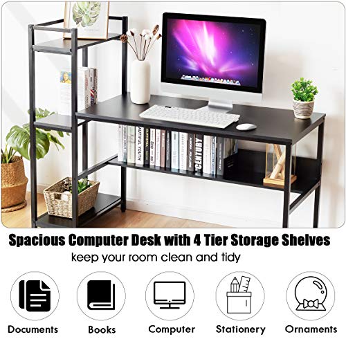 Tangkula 59-Inch Computer Desk with Bookshelf, Home Office Desk with Storage Bookshelf, Metal Frame & Adjustable Foot Pads, Space Saving Computer Workstation Study Writing Desk