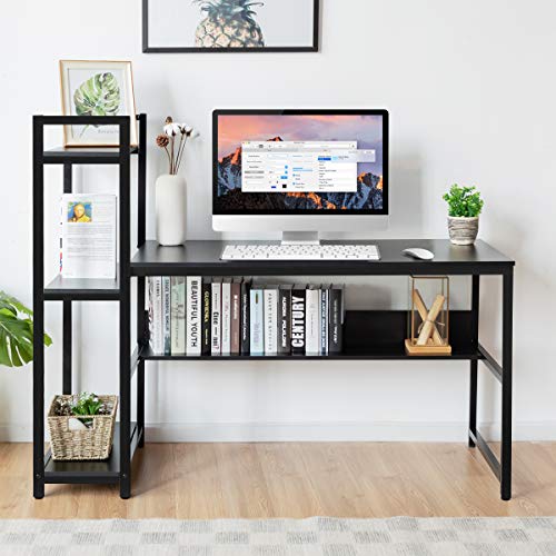 Tangkula 59-Inch Computer Desk with Bookshelf, Home Office Desk with Storage Bookshelf, Metal Frame & Adjustable Foot Pads, Space Saving Computer Workstation Study Writing Desk