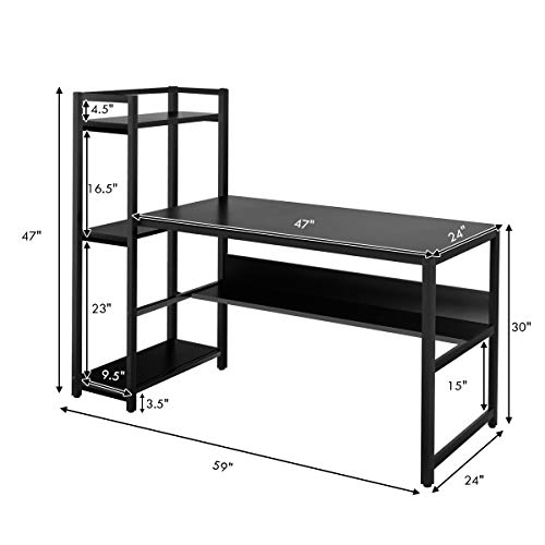 Tangkula 59-Inch Computer Desk with Bookshelf, Home Office Desk with Storage Bookshelf, Metal Frame & Adjustable Foot Pads, Space Saving Computer Workstation Study Writing Desk