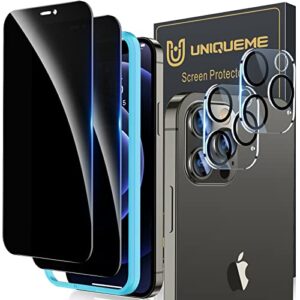 uniqueme [2+2 pack] compatible with iphone 12 pro max 6.7-inch privacy screen protector tempered glass and camera lens protector, anti spy [easy installation frame] [precise cutout] bubble free