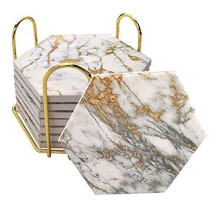 8 pcs drink coasters with metal holder stand, marble design ceramic coaster set, cork base, for tabletop protection, home decor, bar coasters (golden)