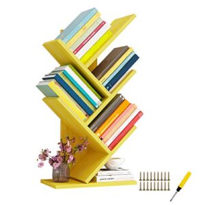 qumeney tree bookshelf, 5 shelf display bookcase,tree bookcase for books/cds/albums/files holder, free standing book shelves organizer for office，bedroom, living room (yellow)