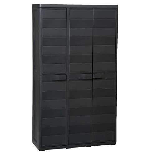 Outdoor Storage Shed Storage Cabinet Lockable with 3 Doors 4 Adjustable Shelves Bottom Drain Slots, 97 x 38 x 171 cm PP Black