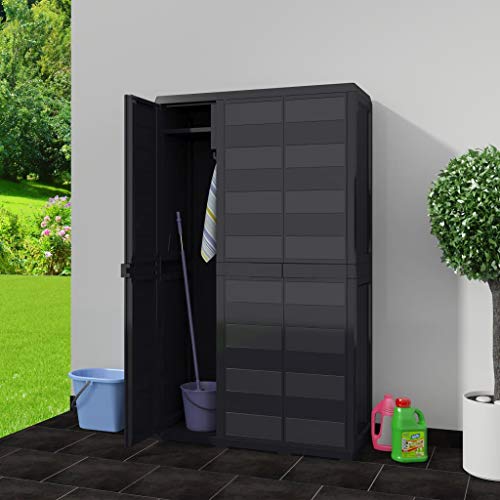 Outdoor Storage Shed Storage Cabinet Lockable with 3 Doors 4 Adjustable Shelves Bottom Drain Slots, 97 x 38 x 171 cm PP Black