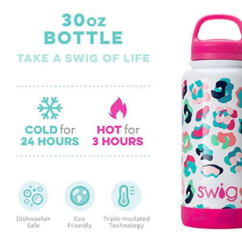 Swig Life 30oz Triple Insulated Stainless Steel Wide Mouth Water Bottle with Handle, Dishwasher Safe, Double Wall, Vacuum Sealed, Reusable Thermos Party Animal Print