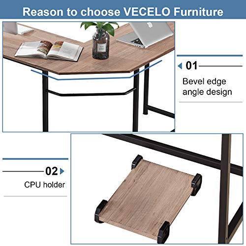 VECELO Computer Desk L Shaped with CPU Stand/PC Laptop Study Writing Table Workstation for Home Office Wood & Metal,Oak,66"