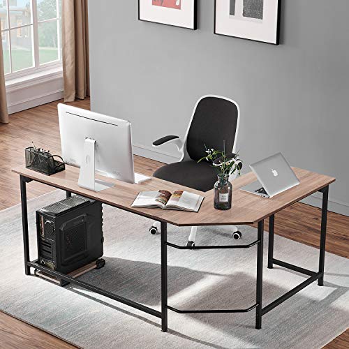 VECELO Computer Desk L Shaped with CPU Stand/PC Laptop Study Writing Table Workstation for Home Office Wood & Metal,Oak,66"