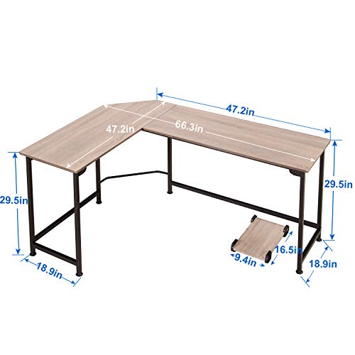 VECELO Computer Desk L Shaped with CPU Stand/PC Laptop Study Writing Table Workstation for Home Office Wood & Metal,Oak,66"